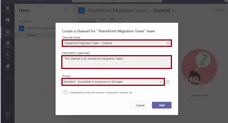 In 2 steps create a channel in Teams - Office 365 - Global SharePoint