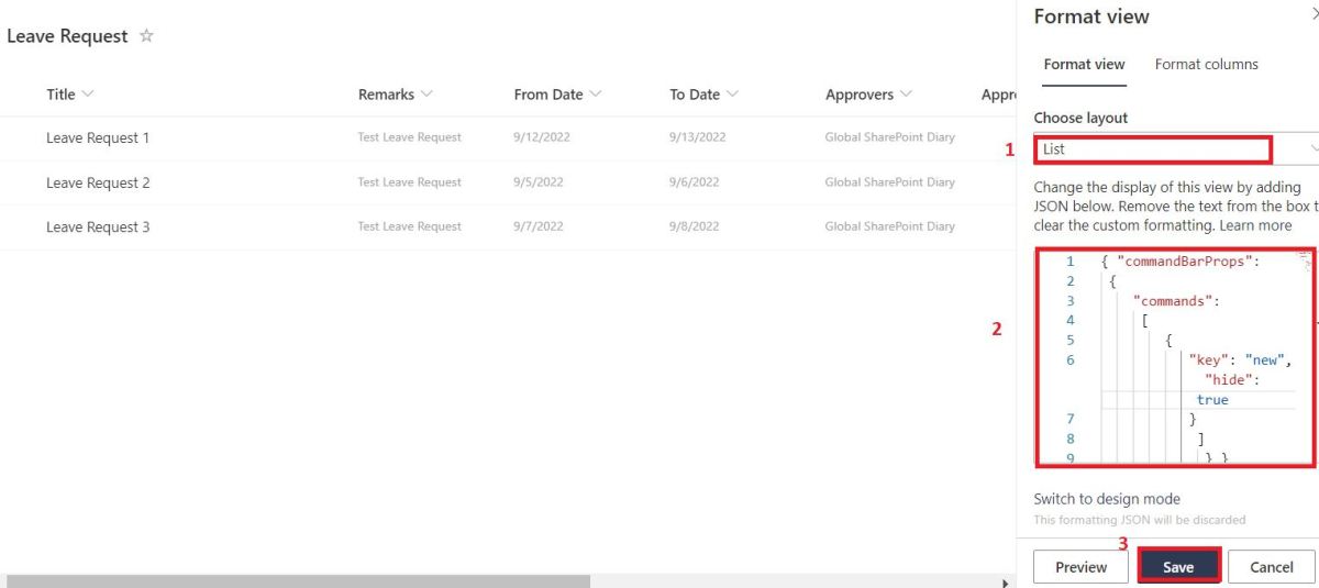 How to hide add new item in SharePoint list using JSON - SharePoint list hide command bar ...